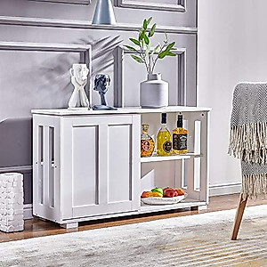 QIHANG-US Kitchen Storage Sideboard with Sliding Door, Farmhouse Barn Door Buffet Console Table, Antique Stackable Cabinet Cupboard with Shelves for Living Room Entryway Dining Room, Warm White