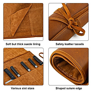 Genuine Leather Knife Roll, Knife Bags for Chefs Professional, Small Chef'S Knife Case Holder,Knives Holders Protectors with 5 Slots,Portable Chef Knife Bag Chef Knife Roll Case Storage Pouch