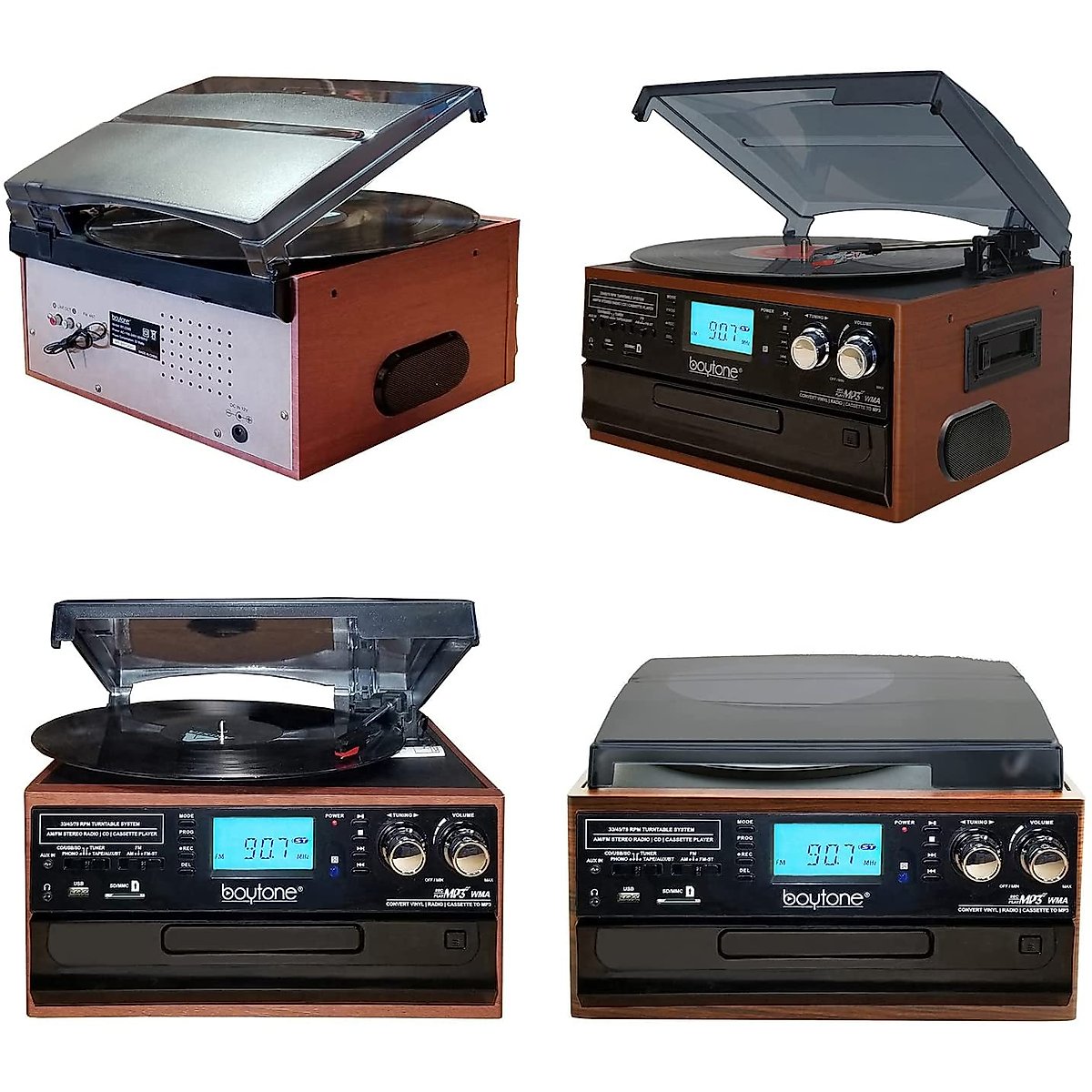 Boytone BT-22MS, Bluetooth Record Player Turntable, AM/FM Radio, Cassette, CD Player, 2 Built in Speaker, Ability to Convert Vinyl, Radio, Cassette, CD to MP3 Without a Computer, SD Slot, USB, AUX