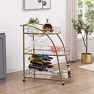 Angel Sar Gold Bar Cart on Wheels, 3 Tier Home Bar Serving Cart with 3 Glass Shelves, Wine Racks, Glass Holders, for Kitchen, Dining Room