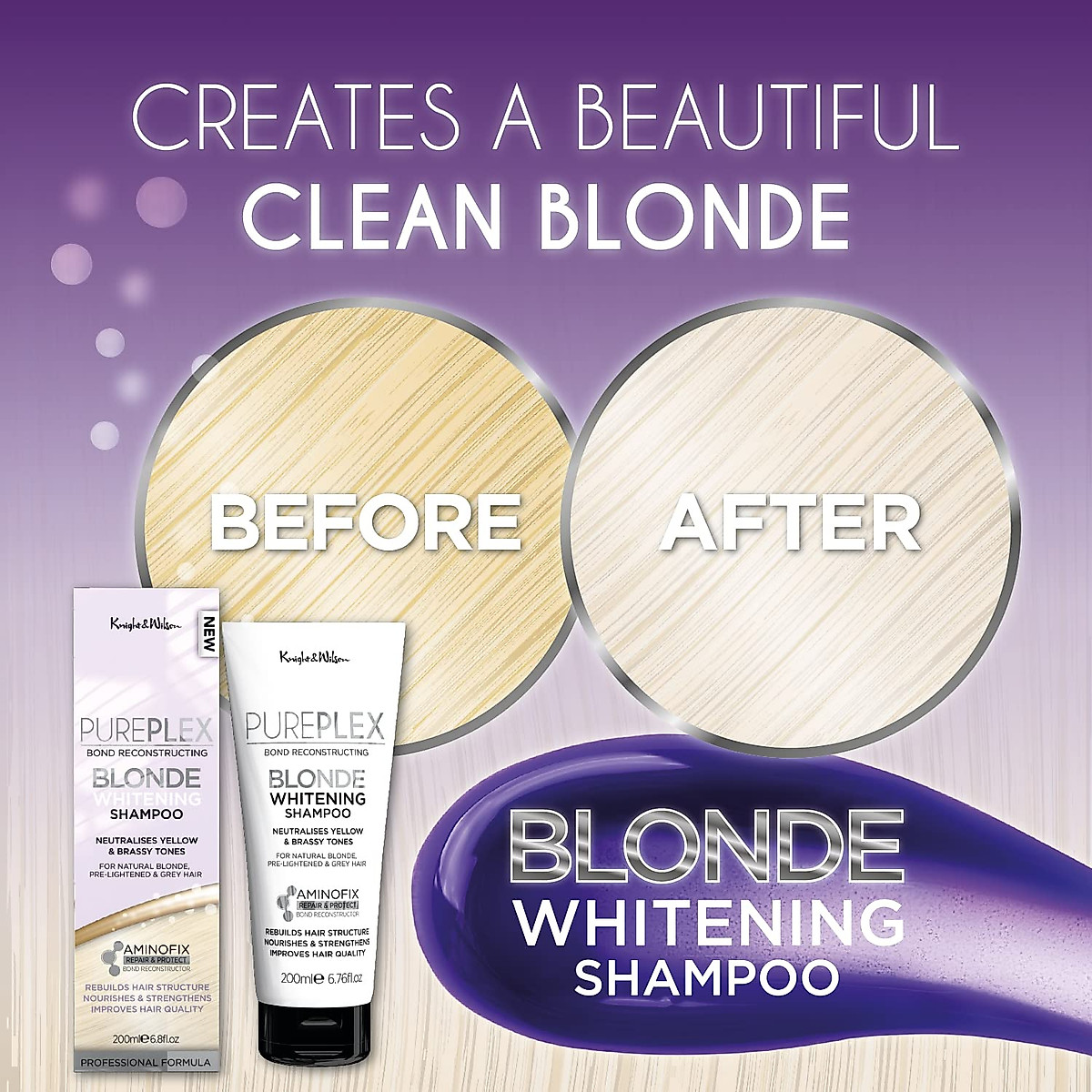 Knight & Wilson PurePlex Bond Reconstructing Blonde Shampoo. Neutralizes Brassy & Yellow Tones in All Blonde, Lightened and Grey Hair Whilst Repairing and Leaving Crisp White Blonde.