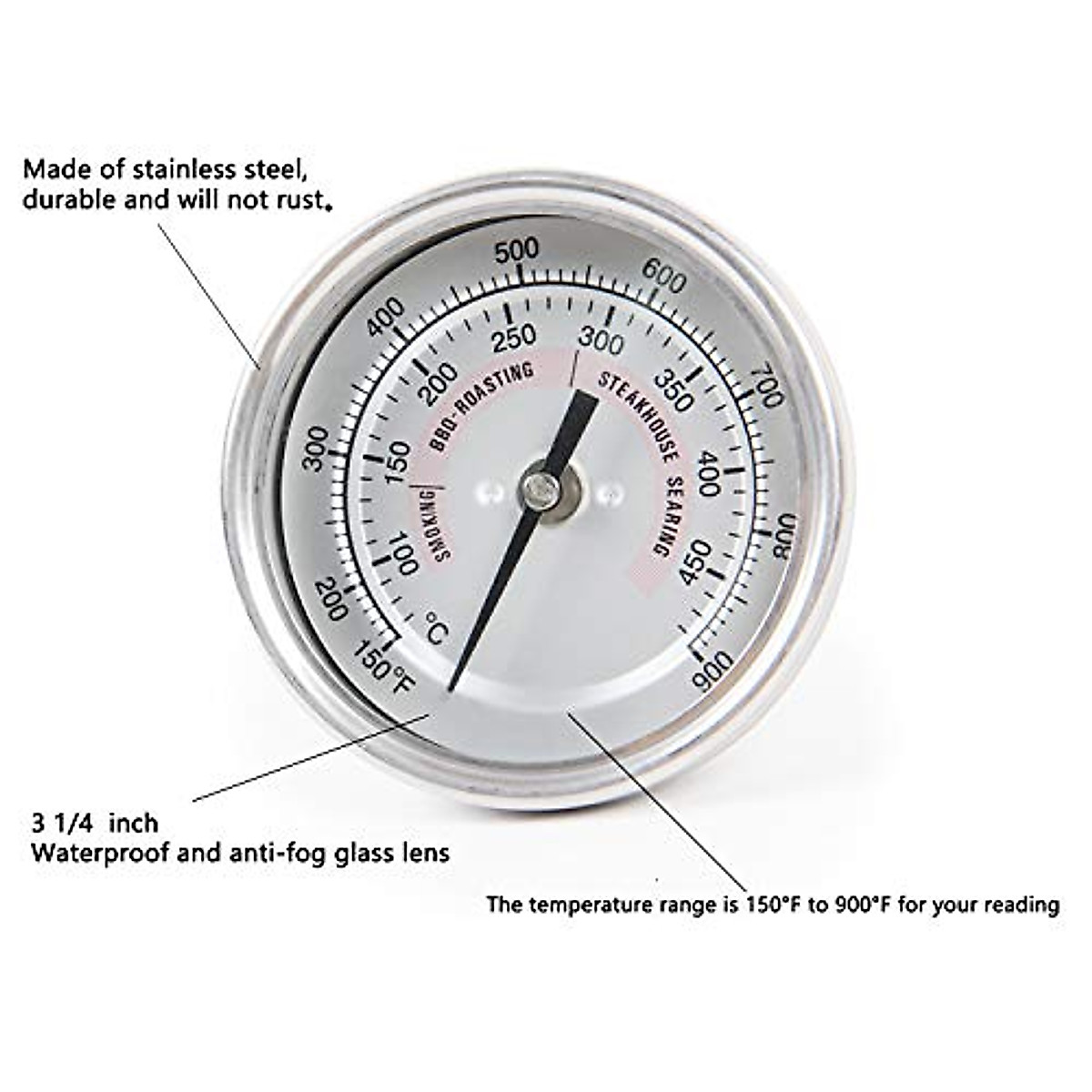 BBQ Grill Thermometer for Kamado Joe Barbecue Charcoal Grill 3 1/4" Inch Waterproof Large Surface Stainless Steel 150°F-900°F Wide Range Cooking Thermometer