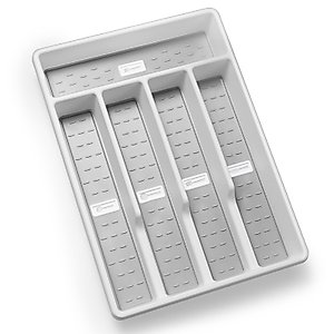 Joequality Silverware Organizer with Icons，Plastic Cutlery silverware Tray for Drawer，Utensil Flatware Tableware Organizer for Kitchen with Non-slip TPR,Fits Standard Drawer,5-Compartment，Grey