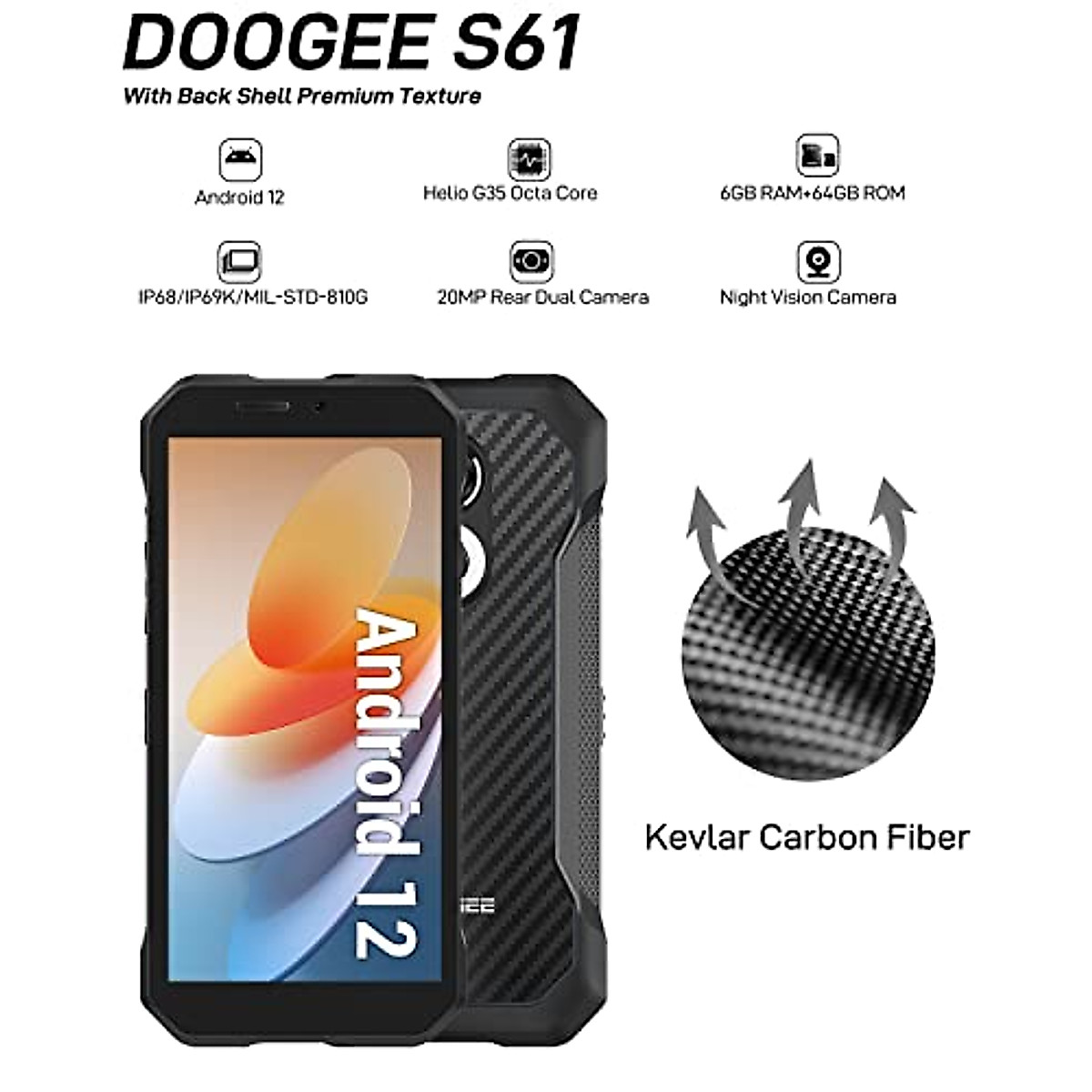 DOOGEE S61 Rugged Smartphone - 2022 Android 12 Rugged Phone - 20MP Night Vision Camera - 6GB+64GB - IP68 Waterproof Unlocked Cell Phone Outdoor- 5180mAh Battery - 6.0" IPS HD- Dual SIM 4G (Kevlar)