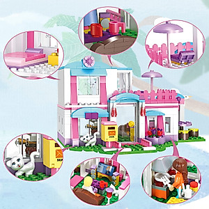 MILESTAR Girls Friends House Building Blocks Toys Pink Beach Villa Swing Sun Lounger Building Kit Bricks Toys for Girls Dolls House Construction Play Set Educational Toys for Kids 319 PCS