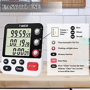 QINFIEY Digital 3 Channels Kitchen Cooking Multiple Timer with Large LCD Count Up Down Stopwatch ON Off Switch Timer for Teaching Reading 3-Level Adjustable Volume with Magnetic Back Battery Included