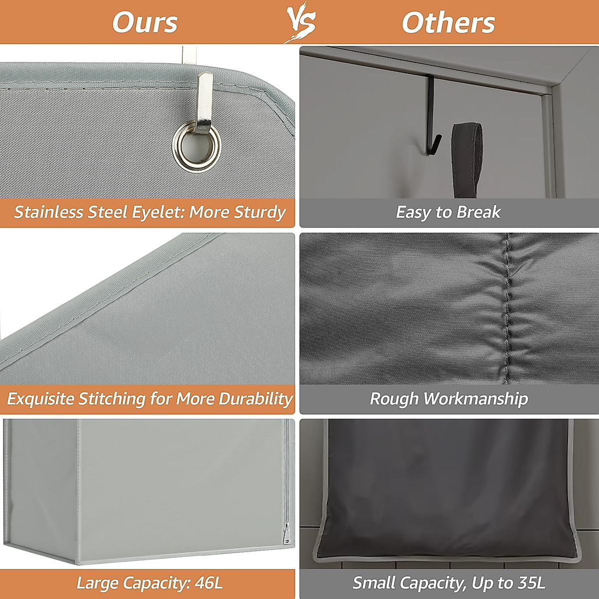 MaxGear Hanging Laundry Hamper, Over the Door Hamper with 2 Kinds of Hooks for Dirty Clothes Organizer, Wall Hanging Laundry Basket with Zipper for Bathroom, Wardrobe, Dormitory (Grey-1 Pack)