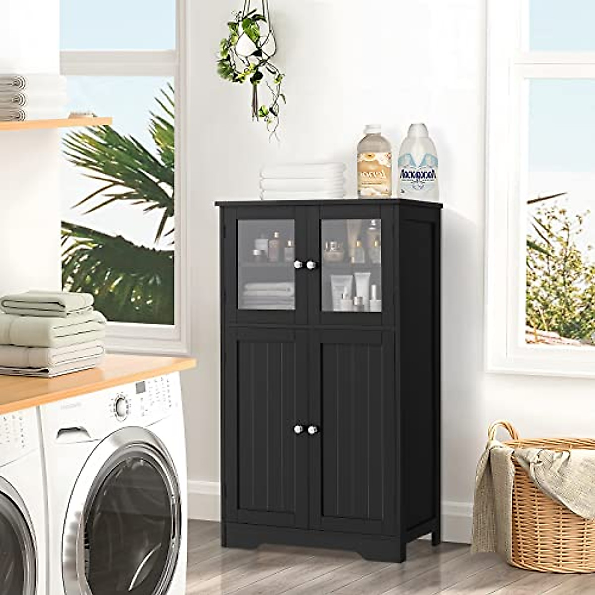 Iwell Bathroom Cabinet, Linen Storage Cabinet with Glass Doors & Adjustble Shelf, Bathroom Floor Cabinet, Cupboard for Living Room, Office, Enterway, Black