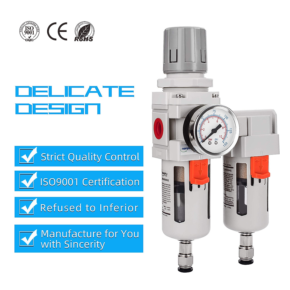 NANPU 1/2" NPT Air Dryer System - 5 Micron Particulate Filter, 0.5 Micron Coalescing Filter & Air Pressure Regulator, Water Trap Separator - Semi-Auto Drain,0-150 psi Gauge, Poly Bowl, Metal Bracket