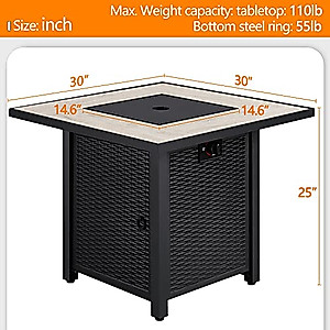 Topeakmart 30 Inch Gas Fire Pit Table, 50,000 BTU Auto-Ignition Propane Fire Pit Table for Outdoor/Patio, Rattan & Wicker-Look Gas Fire Table with Ceramic Tabletop & Blue Glass Stones, Black