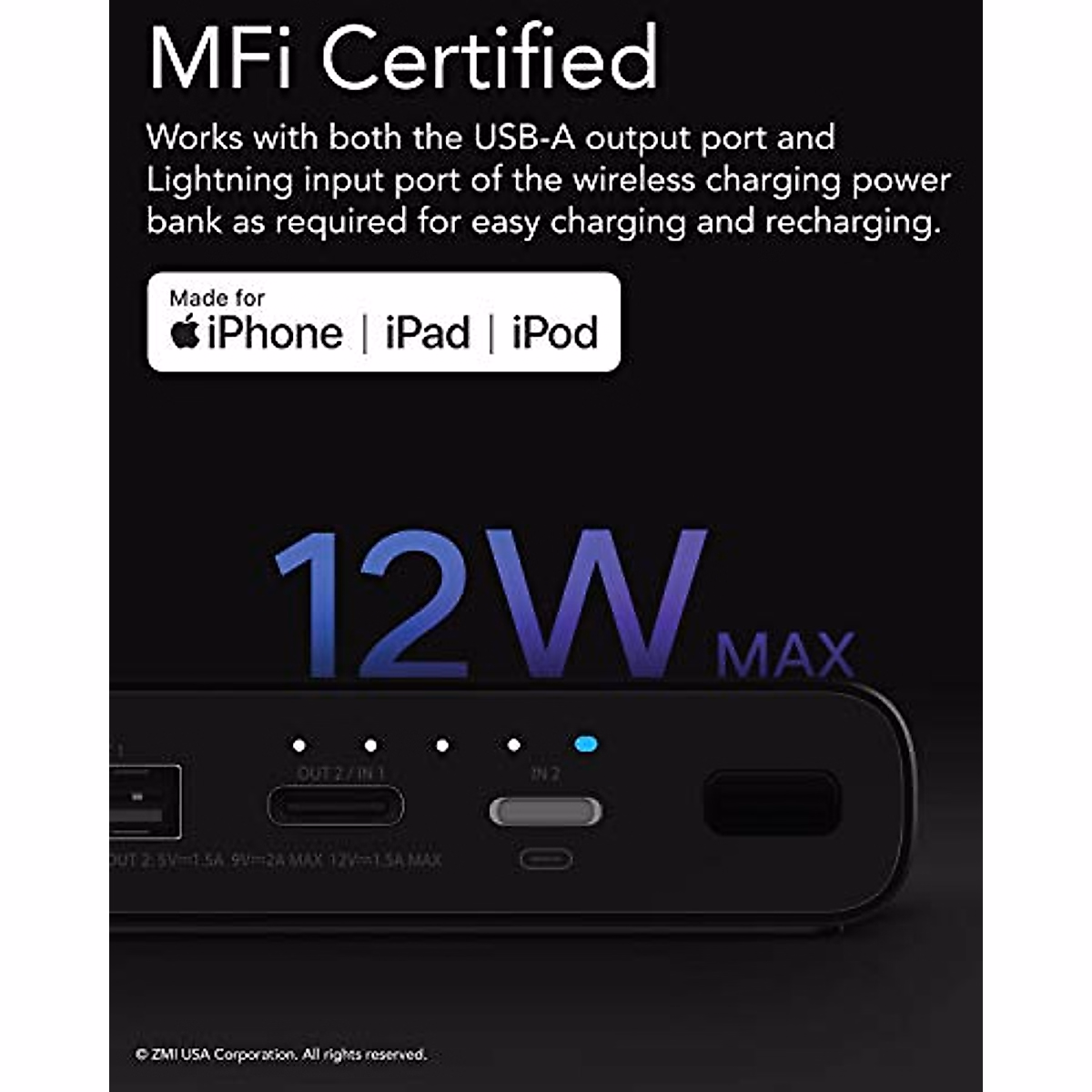 ZMI LevPower M10 MFi & Qi Certified USB PD Portable Charger with USB-C & Lightning Ports, Wireless Power Bank Compatible with iPhone 14/13/12/11/Pro/Max/X/XS/XS Max/8/8 Plus & iPad