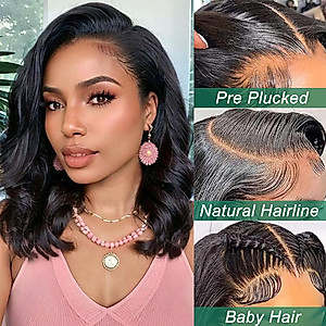 Douyin Bob Wig Human Hair 13x4 Frontal Lace Wig 14 Inch Body Wave 180% Density HD Lace Front Wigs Human Hair Pre Plucked Glueless Bob Wigs for Women Human Hair Wigs (14 inch, Natural Black)