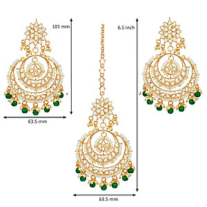 Aheli Bollywood Ethnic Chandbali Style Big Earrings Maang Tikka Set Traditional Fashion Jewelry for Women (Green)
