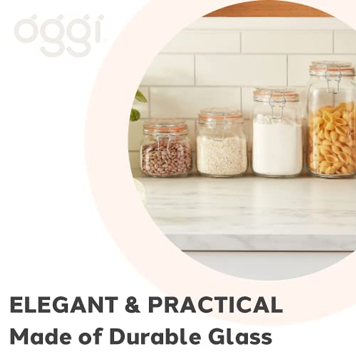 Oggi 4 Piece Airtight Glass Storage Containers Set - Includes 4 Glass Kitchen Canisters with Clamp Lids & Silicone Seals - Farmhouse Kitchen Décor, Kitchen Storage, Pantry Storage, Food Storage