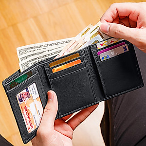 Leather Trifold Wallets for Men - RFID Blocking - Mens Trifold Wallet in Black