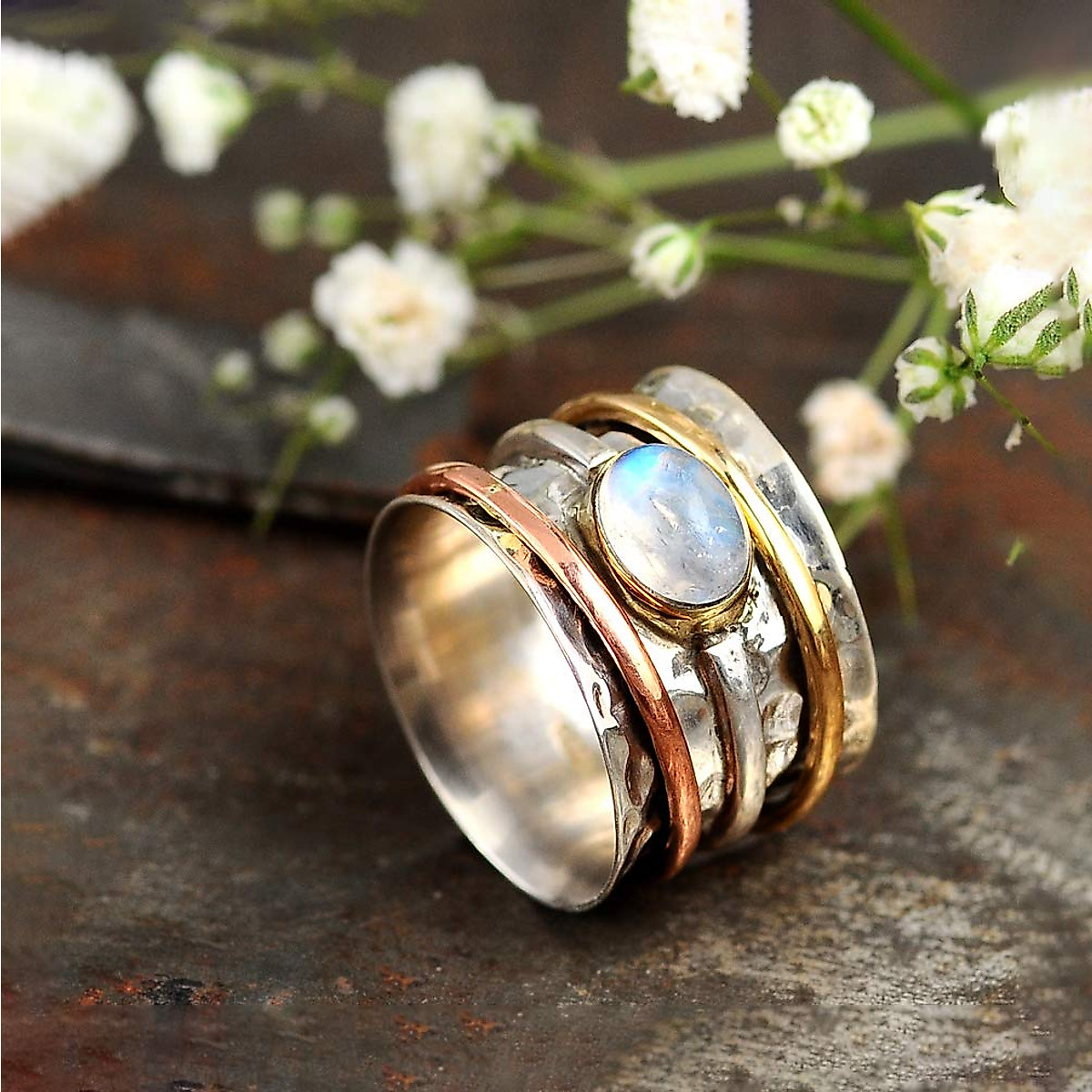 Boho-Magic 925 Sterling Silver Spinner Moonstone Ring for Women with Copper and Brass Fidget Rings Bands (8)