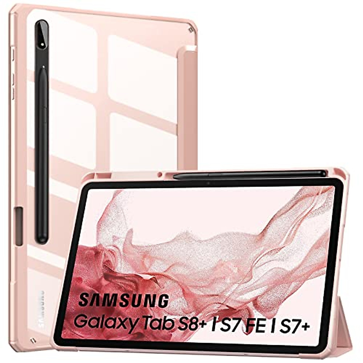 MoKo Case Fits Samsung Galaxy Tab S8 + 12.4 2022 (SM-X800/X806) / Tab S7 FE 12.4-Inch 2021 / Tab S7 Plus 12.4 2020 with S-Pen Holder, Transparent Back Tablet Cover with Auto-Wake, Rose Gold