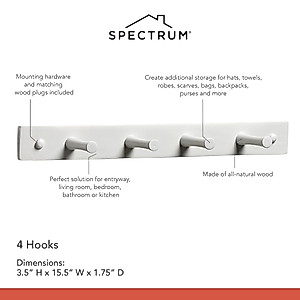 Spectrum Diversified Wall-Mounted 4 Peg Wood Hook, Hat Organizer & Coat Entryway or Closet Bathroom Storage Racks for Towels & Bath Robes, White