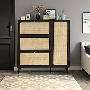FOKWE Natural Rattan Shoe Cabinet, Shoe Cabinet with 3 Flip Drawers and Storage Shelves, Modern 3-Tier Shoe Rack Storage Cabinet for Entryway, Hallway, Bedroom(Black)