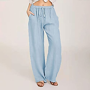 Capri Pants for Women Casual 2023 Summer Drawstring Elastic High Waist Linen Pant Straight Wide Leg Cropped Trouser high Waisted Wide Leg Pants Sky Blue XL