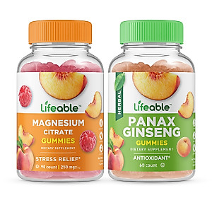 Lifeable Magnesium 85mg + Panax Ginseng, Gummies Bundle - Great Tasting, Vitamin Supplement, Gluten Free, GMO Free, Chewable Gummy