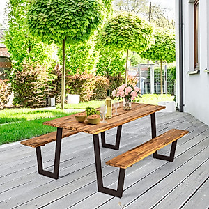 HAPPYGRILL Outdoor Picnic Table Bench Set with Wooden Top & Steel Frame, Patio Dining Picnic Table Set with Umbrella Hole for Garden Backyard