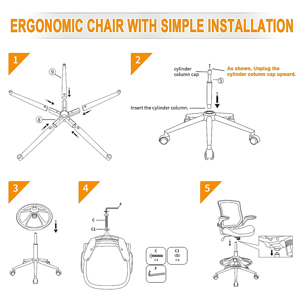 BOJUZIJA Ergonomic Drafting Chair,Standing Computer Desk Chair,Foot Ring,with Flip-Up Arms,Lumbar Support Swivel Computer Task Chair-Black