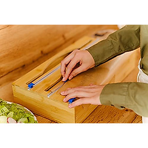 Foil Organizer for Drawer 15"- Long Bamboo Foil and Plastic Wrap Organizer, 3.8" tall 3 in 1 Wrap Dispenser with Cutter for Plastic Wrap, Tin Foil, Wax Paper up to 250 FT, Parchment Paper Up to 200 FT
