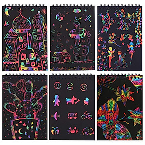 POKONBOY 16 Pack Scratch Arts and Crafts Notebooks, Scratch Note Pads for Kids Rainbow Party Favors Coloring Books for Kids Art Party Supplies Stocking Stuffers（16 Wooden Stylus & 4 Drawing Stencils）