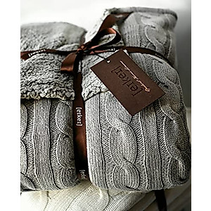 Cable Knit Sherpa Oversized Throw Reversible Blanket Faux Sheepskin Lined Cozy Cotton Blend Sweater Knitted Afghan in Grey White or Turquoise Blue (Off White)