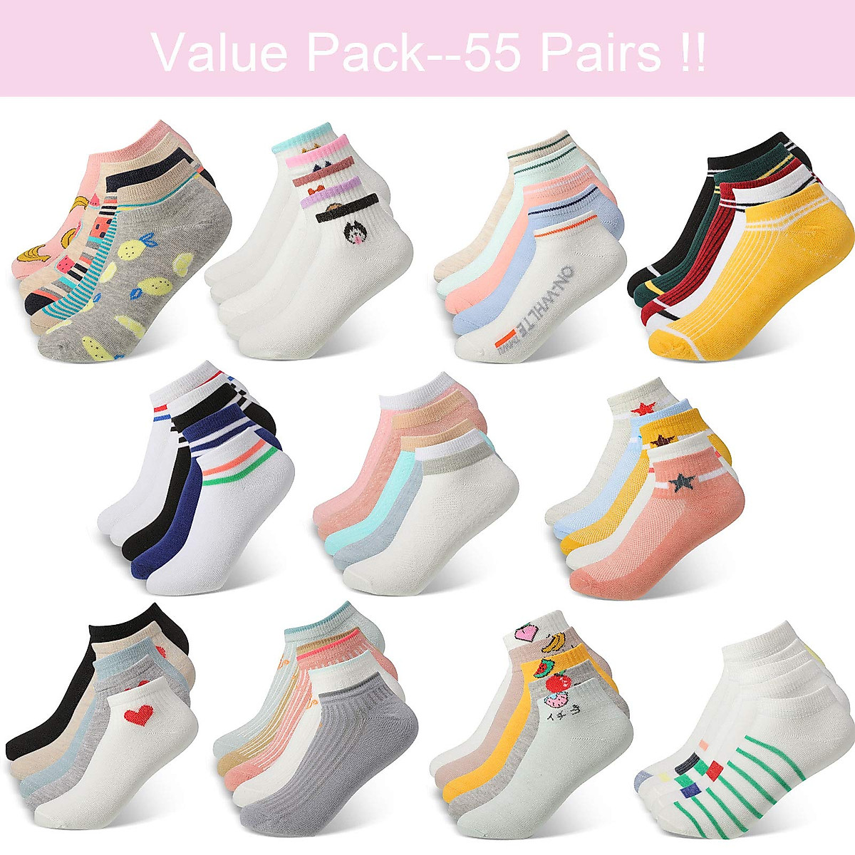 Geyoga Low Cut Ankle Socks for Women 55 Pairs Athletic Running Socks Bulk Invisible Casual Sport Socks Set for Outdoor Activities