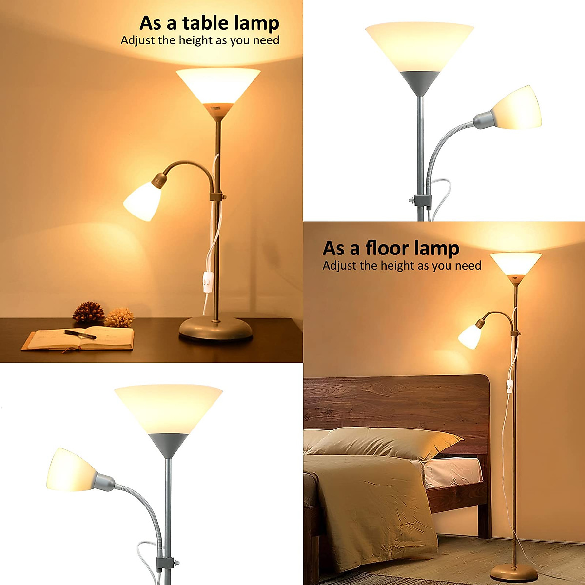 DINGLILIGHTING LED Floor Lamp DLLT Mother-Daughter Floor Lamps with Reading Lights, Modern Standing Pole Light, Torchiere Free Standing Lamp for Living Room, Bedroom, Office (Silver)