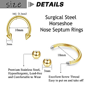 TEN MIRO 32Pcs 16G Horseshoe Nose Septum Rings Surgical Steel Eyebrow Tragus Lip Rings Daith Helix Cartilage Piercing Jewelry for Women Men Balls & Spikes Septum Jewelry 10mm