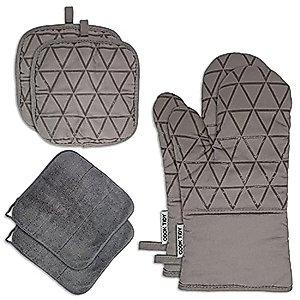 Oven Mitts & Pot Holders Sets - Kitchen Gloves & Towel Gift Box Set Gray 6Pcs by COOK TIDY - 13” Xtra Large Thick Washable - Professional & Heavy Duty - Protective Long Cuff for Cooking, Baking, BBQ
