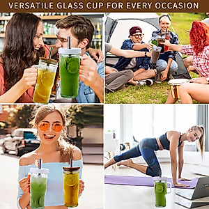 Birity 24oz Ribbed Glass Cup with Lids and Straws,2Pack Glass Tumbler with Handle,Reusable iced Coffee Cups,Wide Mouth Mason jar Cup for Smoothie,Iced Coffee,Fruit Juice,Soda Water,Tea,Travel Mug