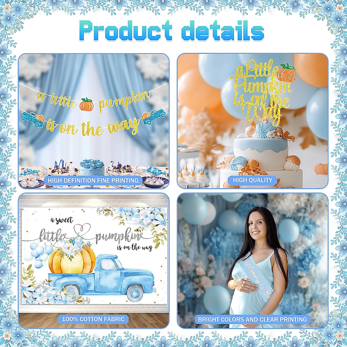 Fiesec Little Pumpkin Baby Shower Decorations for Boy, Thanksgiving Fall Baby Shower Backdrop Balloon Garland Maple Leaf Banner Tablecloth Box Cutout Cake Cupcake Topper Sash Blue Orange 173 PCs