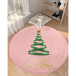 Christmas Fluffy Round Area Rug Carpets 5ft,Plush Shaggy Carpet Soft Circular Rugs,Non-Slip Fuzzy Accent Floor Mat for Living Room Bedroom Nursery Home Decor Geometric Abstract Contemporary Tree Pink