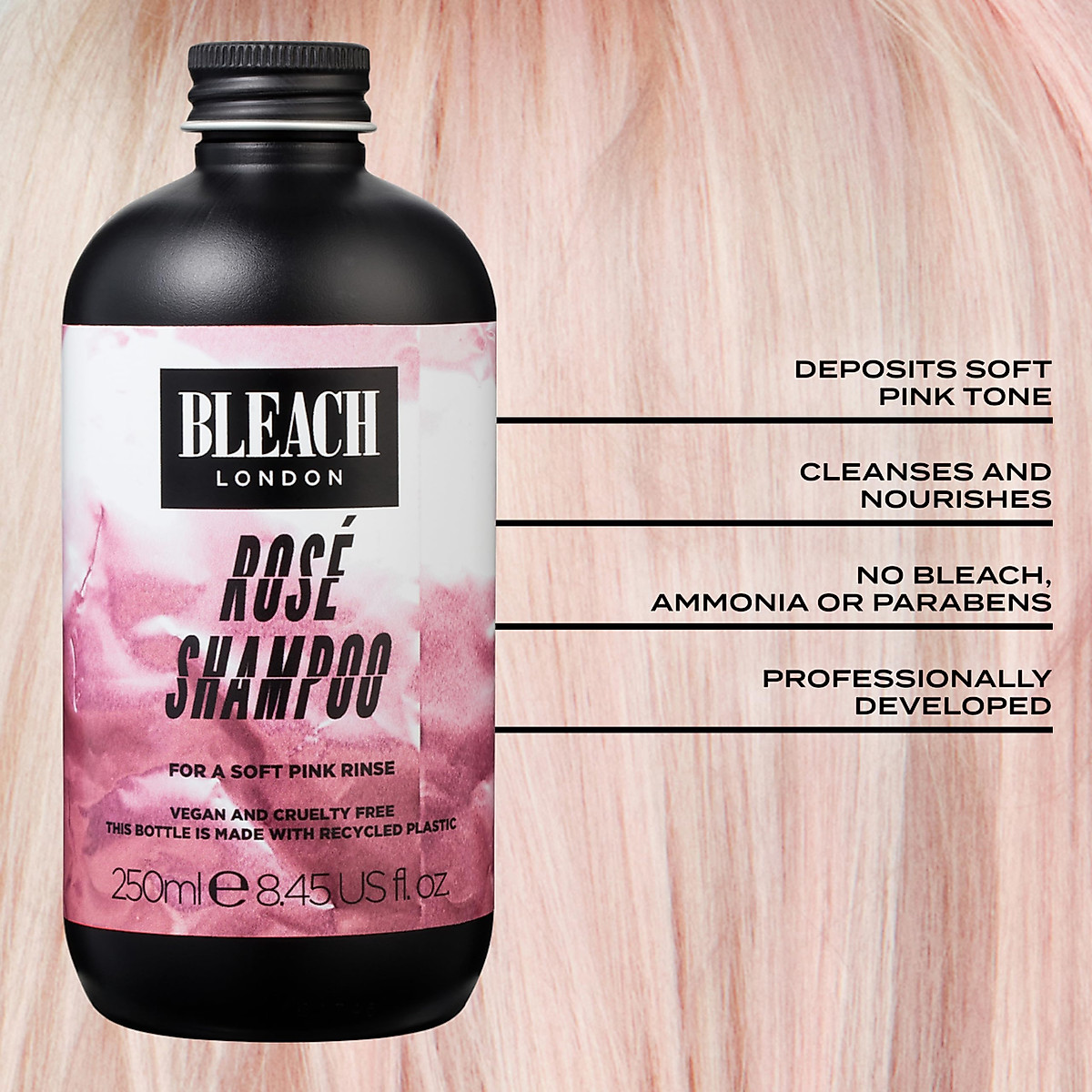 BLEACH LONDON Rose Shampoo - High Pigmented Soft Pink Rinse, Vegan, Cruelty Free, Color Protected Clean, Color Depositing Toning Formula, 8.45 fl oz