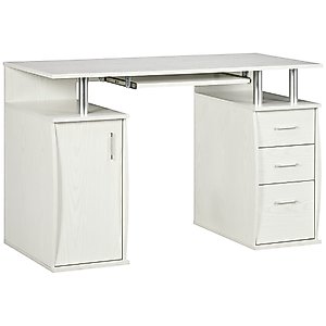 HOMCOM 47" Computer Desk with Keyboard Tray and Storage Drawers, Home Office Workstation Table with Storage Shelves, White Wood Grain