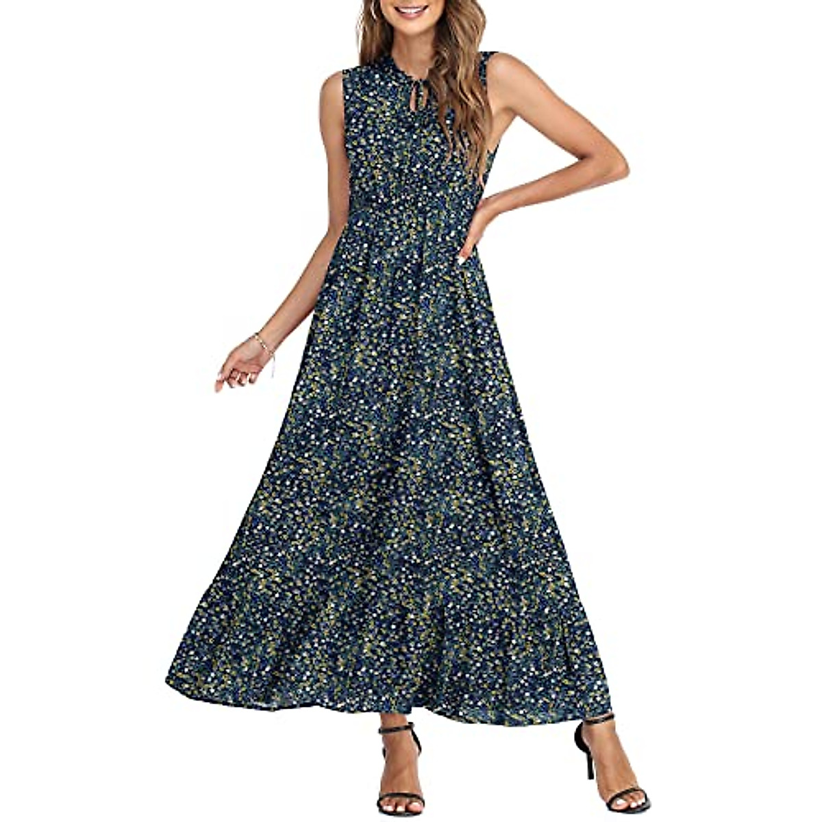 CZYINXIAN Women’s Sleeveless Maxi Dress Floral Printed Tie Neck Long Dress High Waist Pleated A Line Dresses for Women(Flower Navy Blue,Medium)