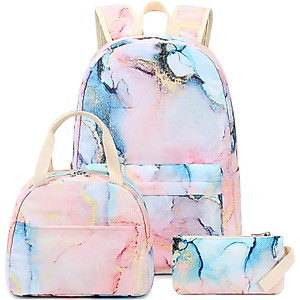 BTOOP Girls School Backpack Marble Schoolbag Laptop Bookbag Insulated Lunch Tote Bag Purse Teens Boys Kids (Marble 31-pink)