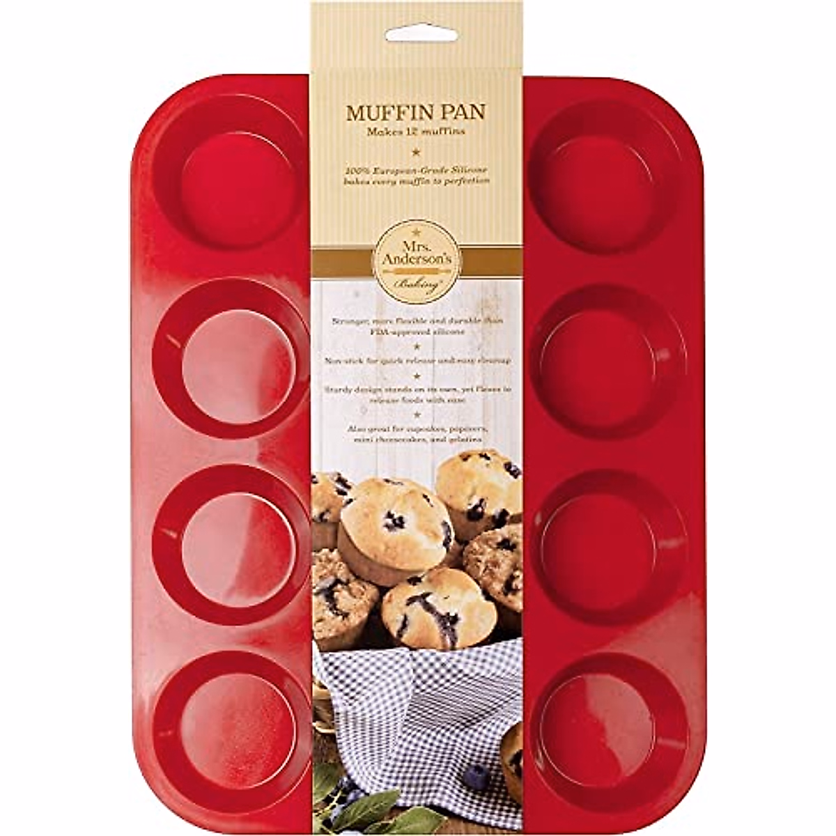 Mrs. Anderson's Baking Silicone 12-Cup Muffin Pan Baking Mold, BPA Free, Non-Stick European-Grade Silicone, 13.5 x 10 x 1.25-Inches