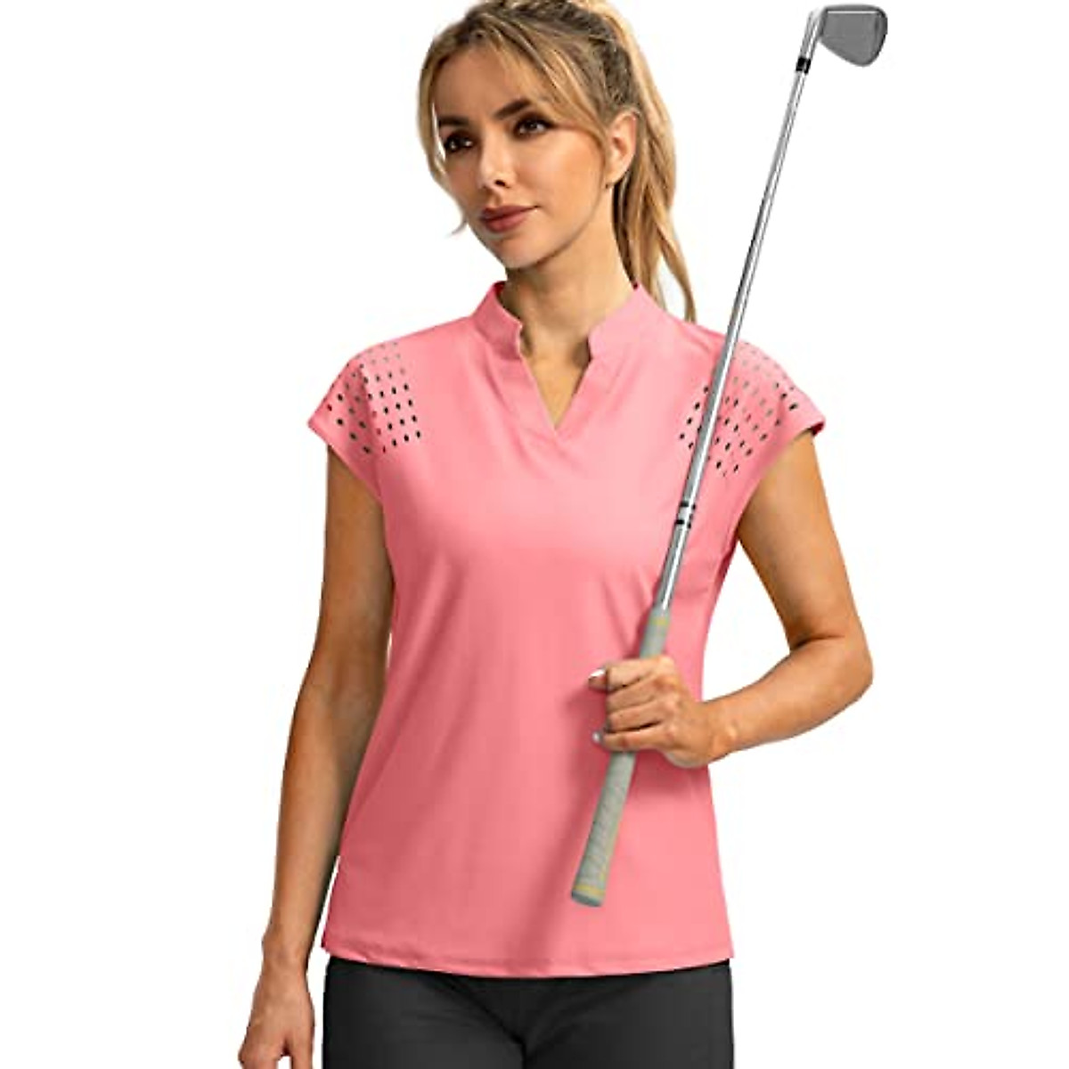 Soothfeel Women's Golf Shirt Cap Sleeve V Neck Polo Shirts Lightweight Quick Dry Workout Tennis Shirts Tops for Women(Light Orange, M)