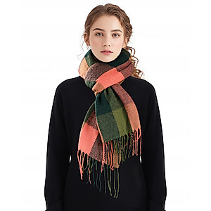 Scarf for Women - Women's Fall Winter Scarfs, Classical Scottish Checked Long Shawl Wrap Scarf, Soft and Warm Cashmere Scarf, Scarves for Women Lightweight- Pink & Green