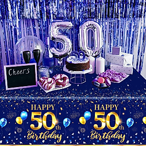 GREHUMOR 50th Birthday Decorations Men-3pcs Navy Blue 50th Birthday Table Covers Rectangle Waterproof Plastic Gold Blue Birthday Tablecloth for Men 50th Birthday Party Supplies