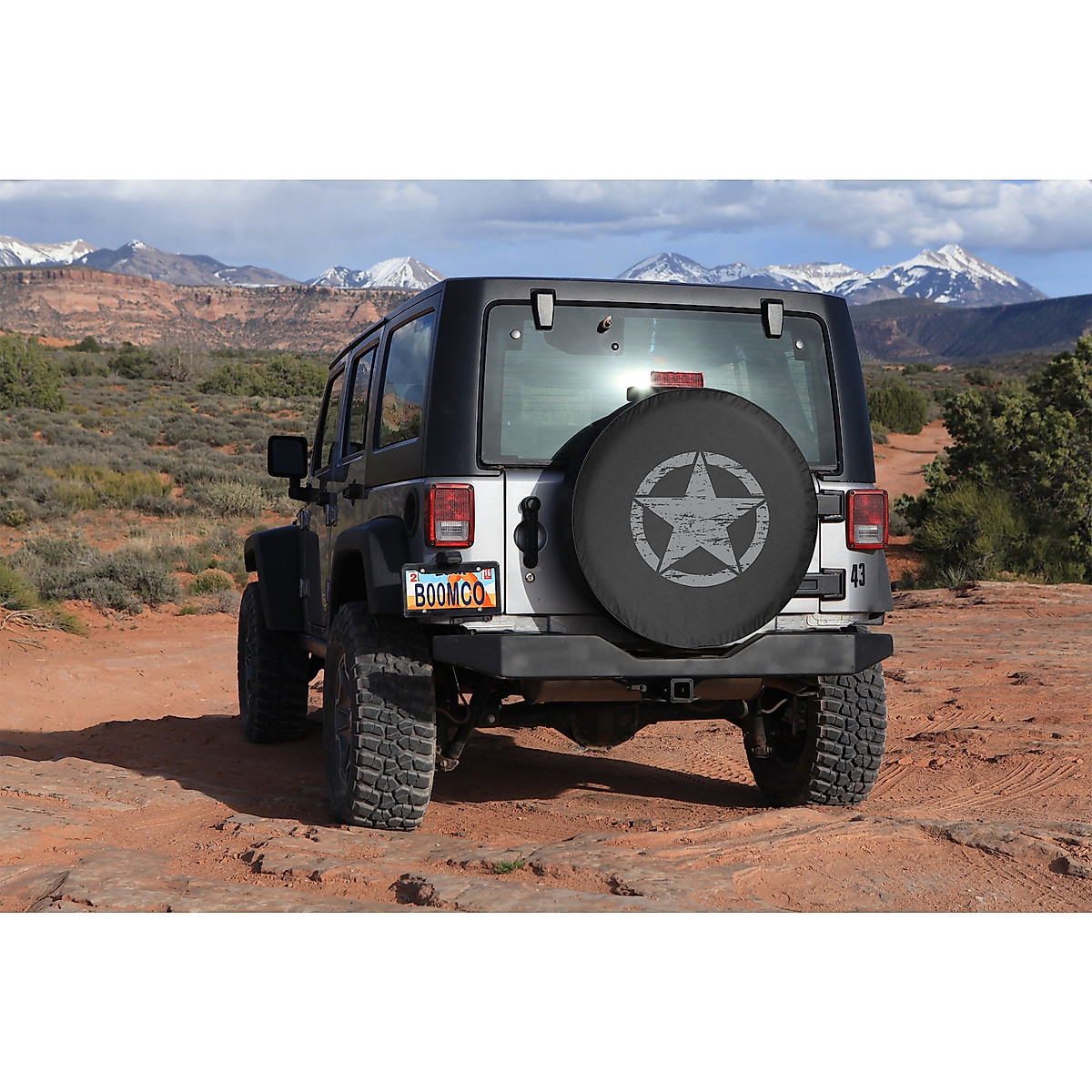 Boomerang - 32" Distressed Star - Spare Tire Cover - (Black Denim Vinyl) for Jeep Wrangler JK (2007-2018) - Silver Print - Made in The USA
