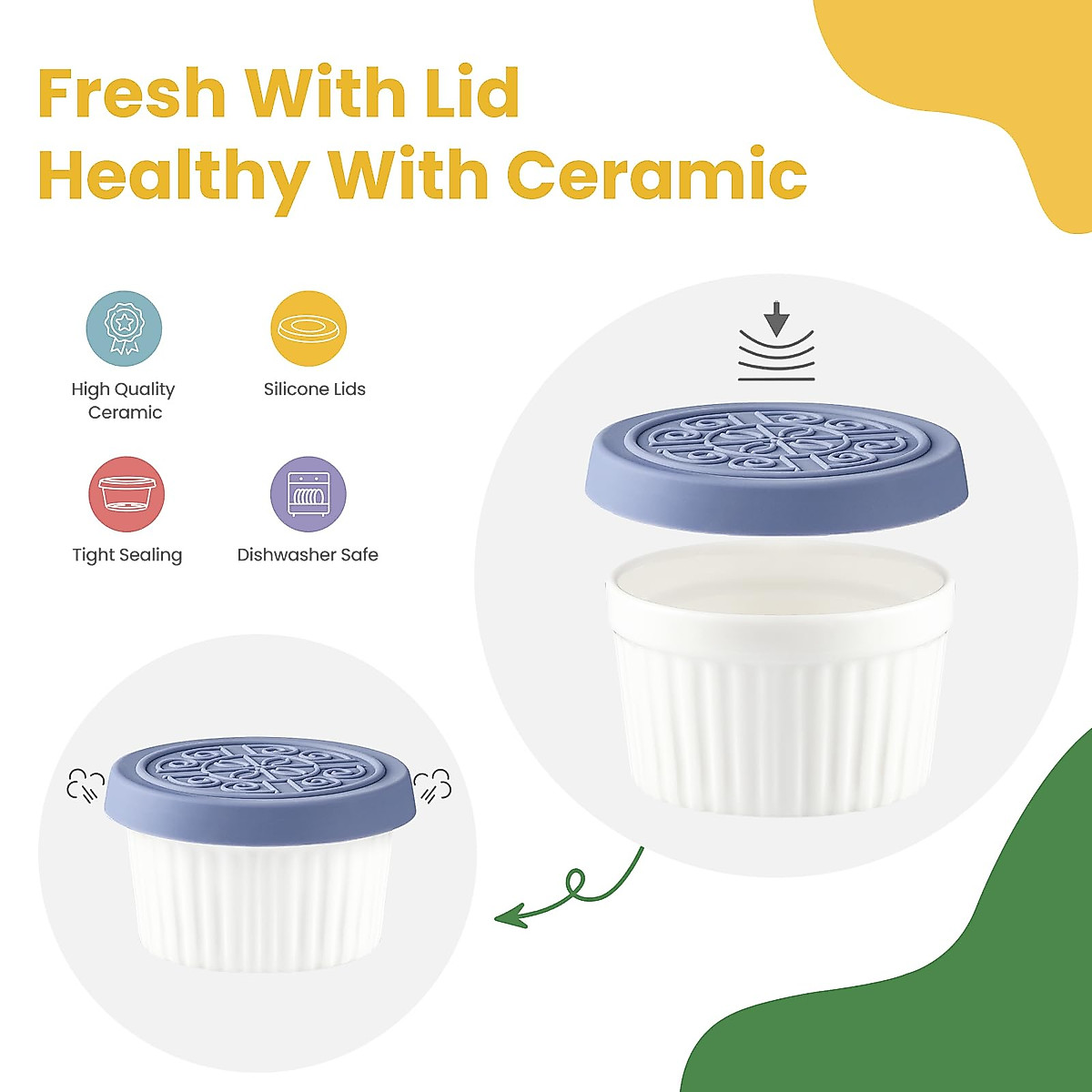 AOZITA Salad Dressing Container To Go, 2.4oz Porcelain Small Condiment Containers with Lids for Lunch Bento Box, Premium Silicone, Leakproof, Reusable Sauce Cups for Picnic and Travel, Dishwasher Safe