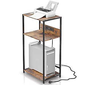 CCCEI Black Computer Tower and Printer Stand with Charging Station, 3 Outlets and Fast Charging USB Ports, 3 Tier Movable Storage Shelf, Tall PC Case or Scanner Table 39 Inches High for Small Office.