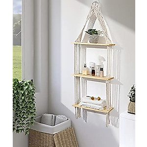 Afuly Hanging Shelf 3 Tier Wall Macrame Boho Shelves for Bathroom Living Room Wall Decor, Plant Book Storage Organizer Shelving Toilet Corner Organization Holder Solid Pine Wood Display