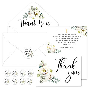 Whaline 48Pcs Funeral Thank You Cards Sympathy Thank You Card with Stickers Envelopes White Flower Bereavement Card with Message for Memorial Service Loved Ones Celebration of Life